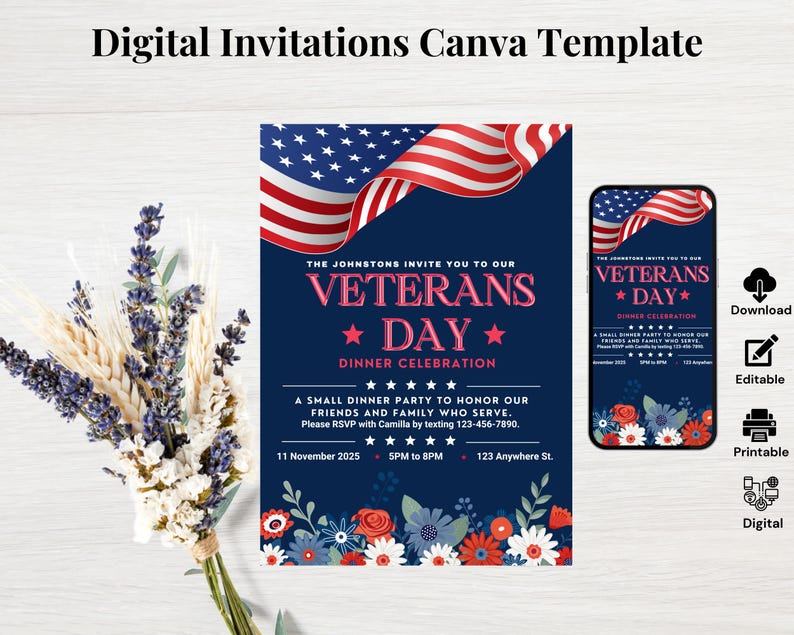 Editable Veterans Day Invitation Template: Animated Party Invite (canva ...