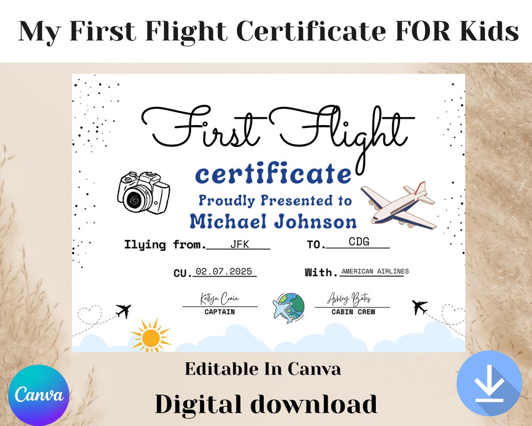 First Flight Certificate for Kids, First Vacation Gift, Digital Print ...