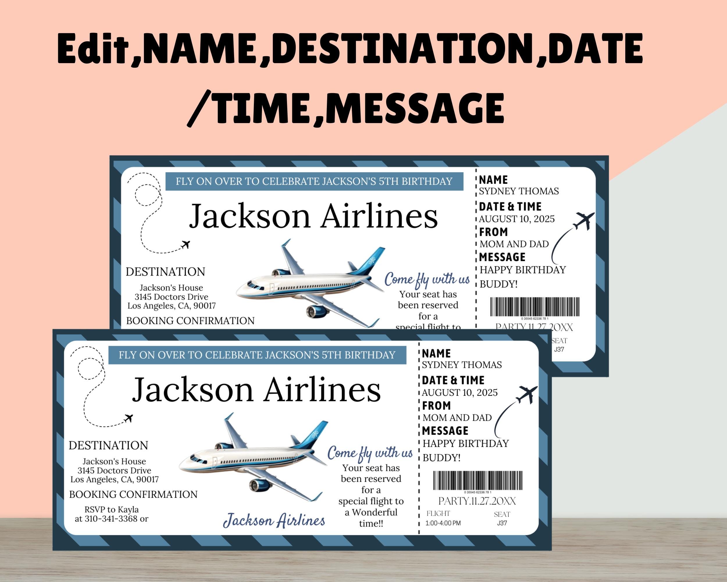 Editable Plane Birthday Ticket Invitation, Plane Ticket Gift, Plane ...