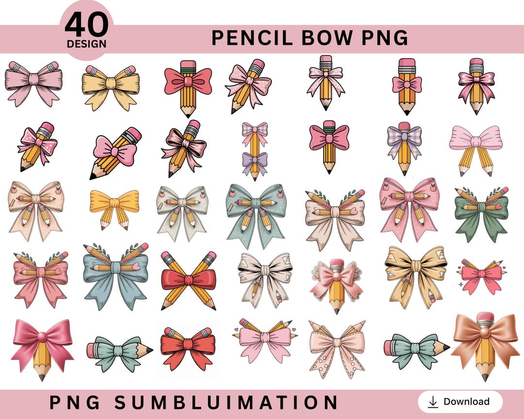 Pencil Bow PNG Coquette Pencil Bow Cute Pencil With Bow PNG Teacher Bow ...
