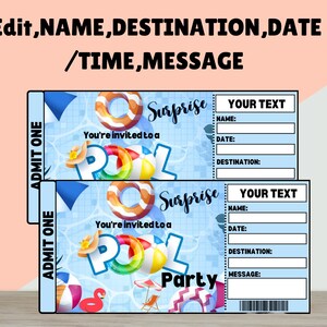 Pool Party Ticket Template, Surprise Reveal, Surprise Gift Ticket, Pool ...
