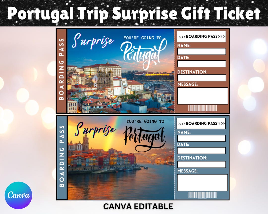 Portugal Trip Surprise Gift Ticket: Editable Travel Voucher (instant ...
