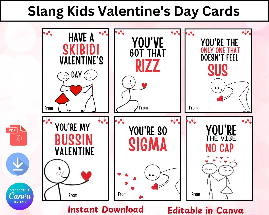 Editable Slang Kids Valentines Day Cards, Valentines Gift Tags, Funny ...