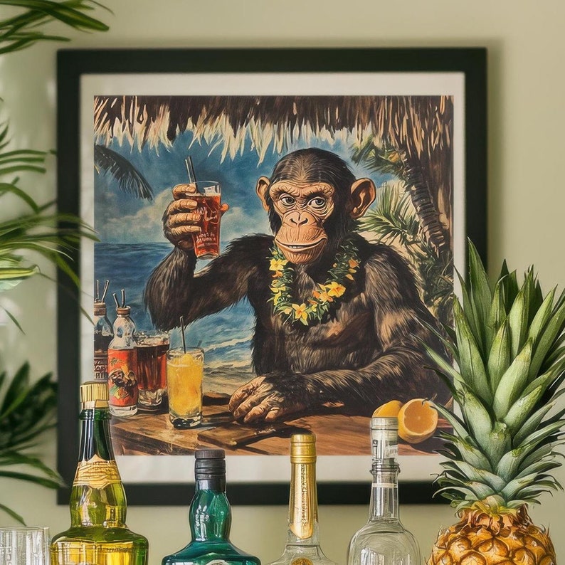 Monkey Tiki Bar Poster Fun Tropical Bartender Art Coastal Beach Decor ...