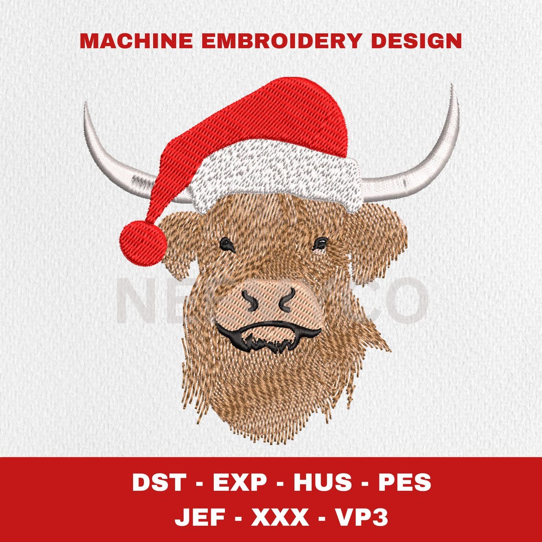 Christmas Cow Santa Hat Embroidery Digitizing Design, Cow Embroidery ...