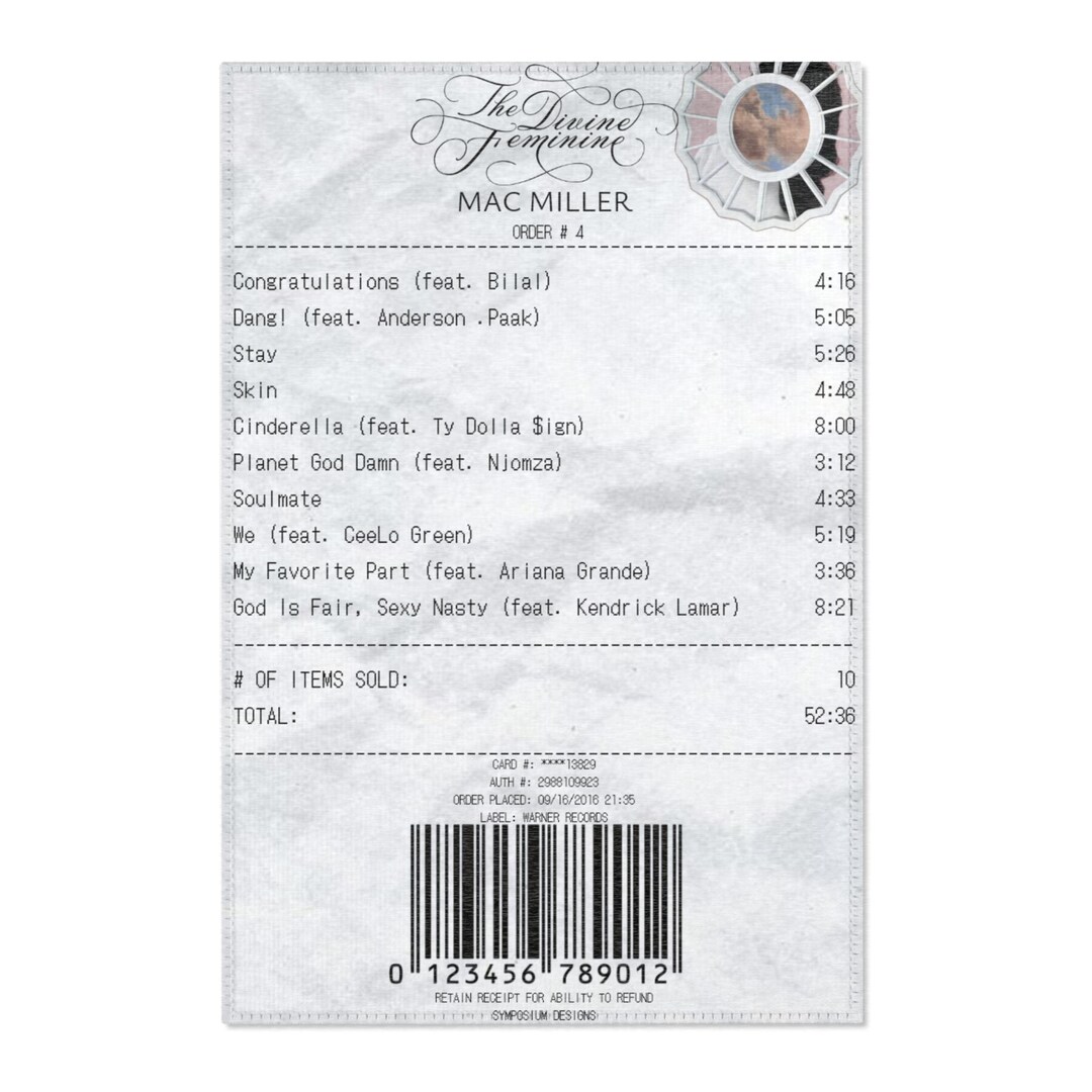 Mac Miller Album Receipt Area Rug, Divine Feminine Music Lover Gift ...