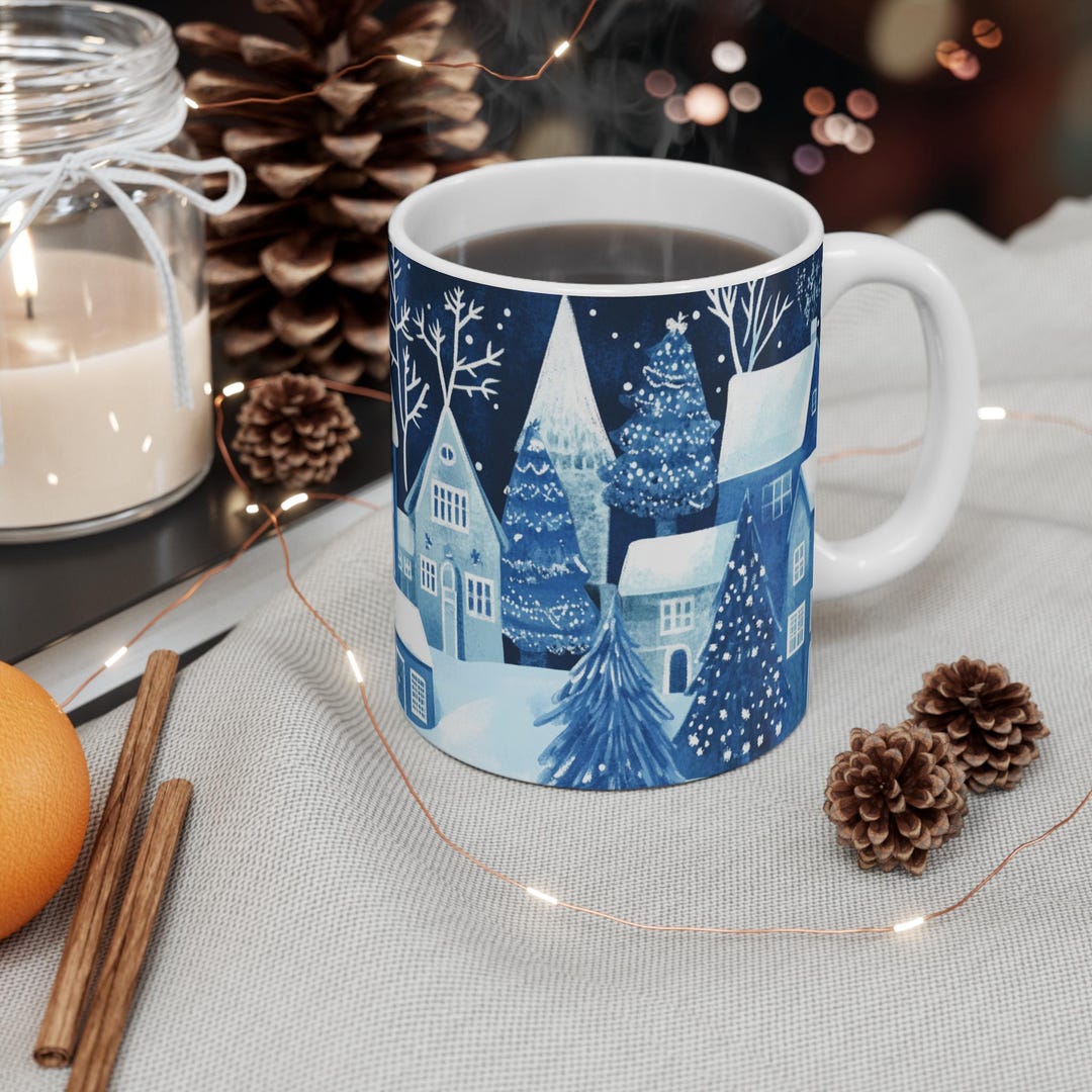 Mug 11oz, Blue Christmas Village Scene, Winter Holiday Coffee Cup ...