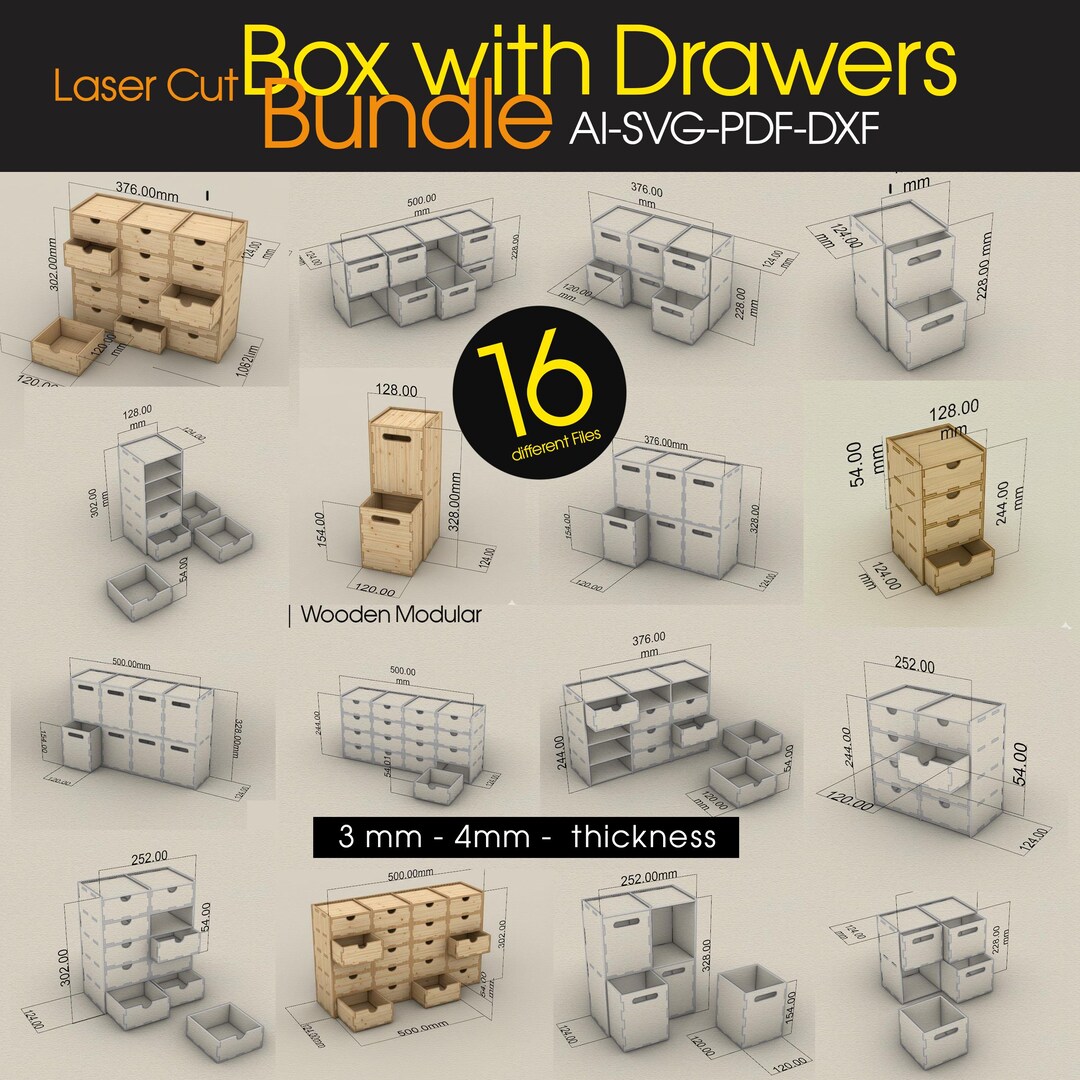 Laser Cut Drawer Box Bundle | Wooden Modular Storage SVG | Ai, Pdf, Svg ...