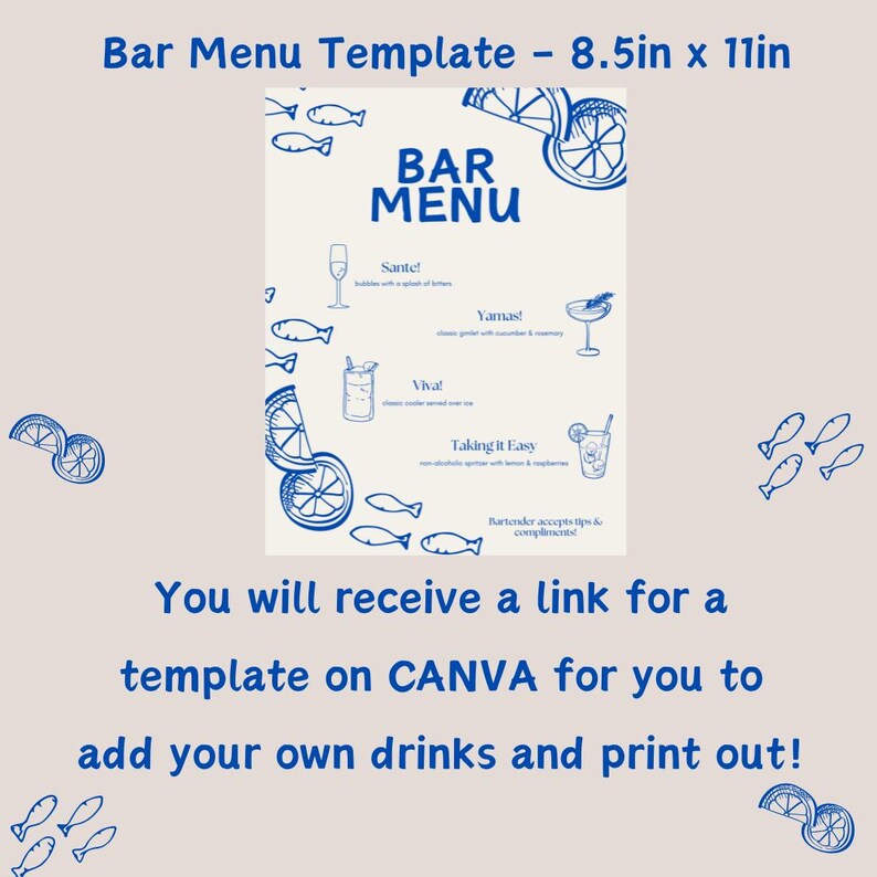 Bar Menu Template for Mediterranean Dinner Party Blue Party Decor ...