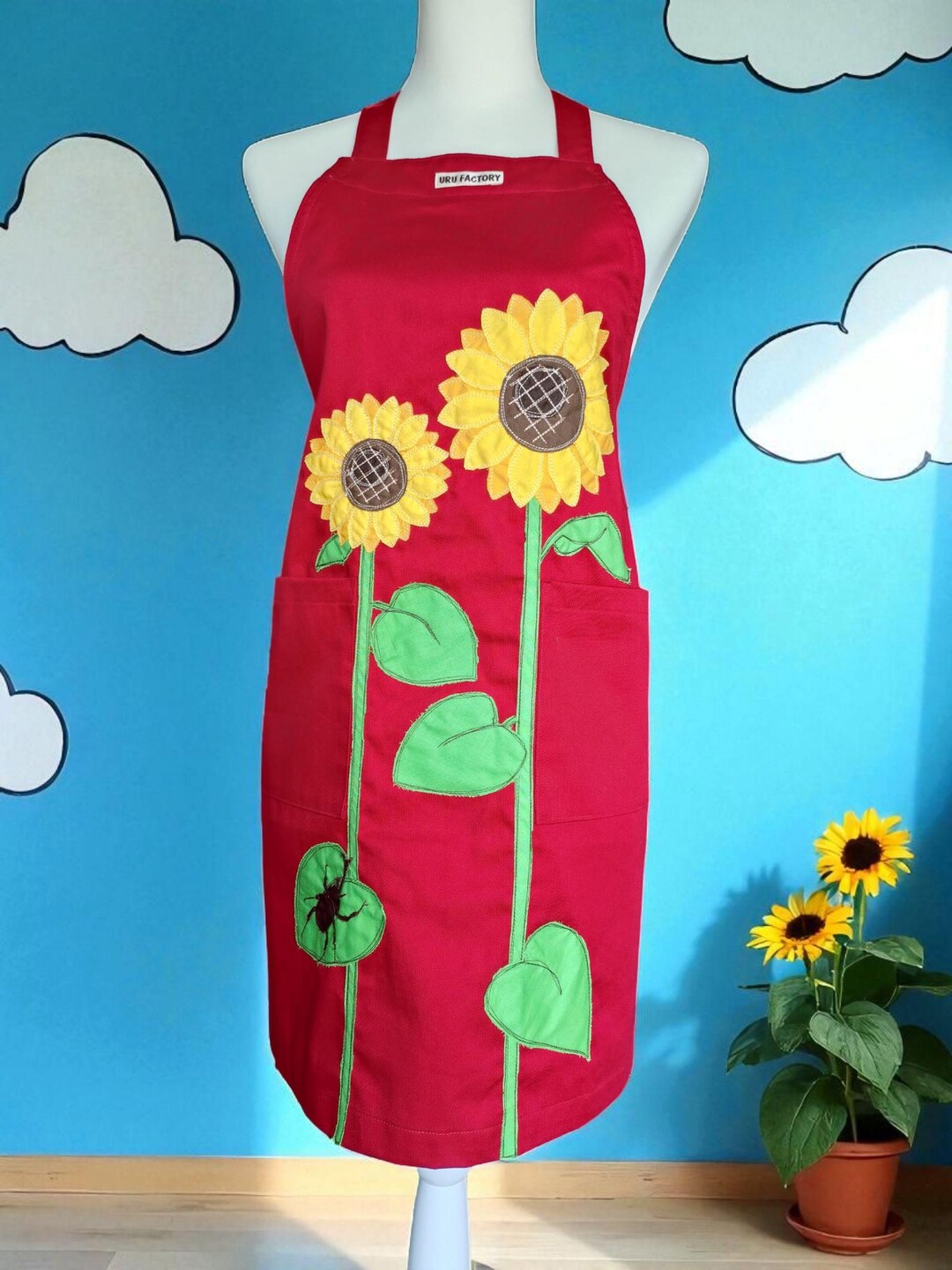 Handmade Sunflower & Beetle Appliqué Apron – Free Size – Japanese ...