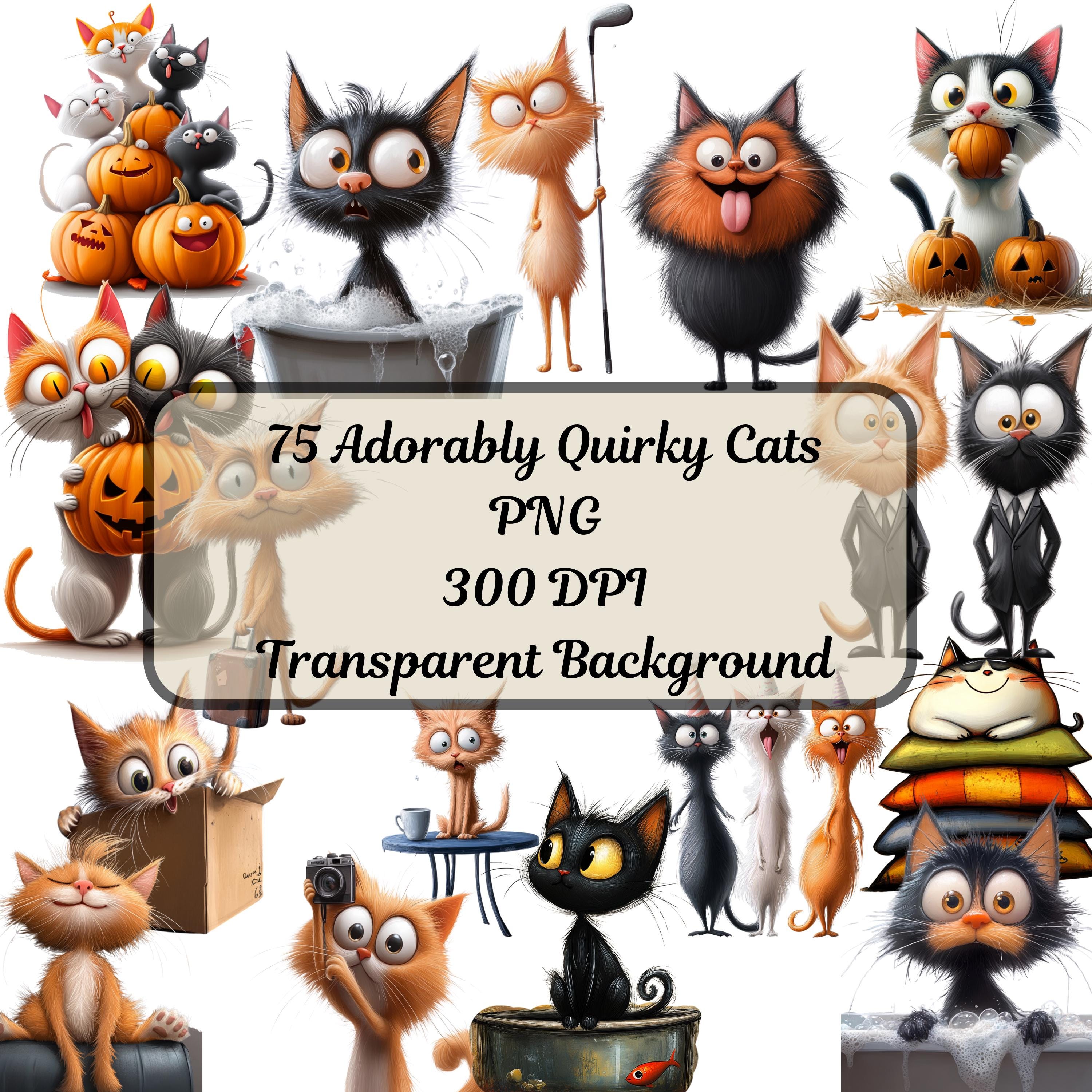 Quirky Cat Clipart PNG Whimsical Cats Kitten Sublimation Clip Art Cute ...