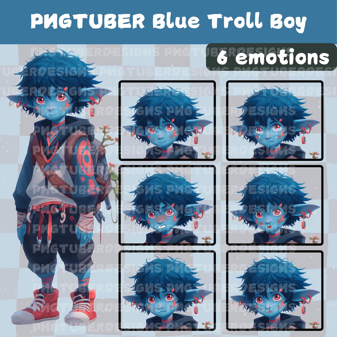 Blue Troll Boy Pngtuber - Anime, Chibi, Premade Twitch Stream Asset ...