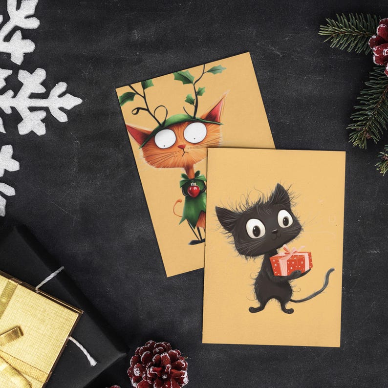 45 Quirky Christmas Cat Clipart Whimsical Funny Animals Silly Holiday ...