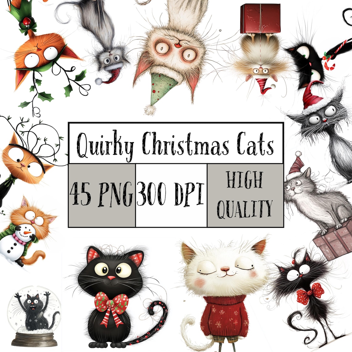 45 Quirky Christmas Cat Clipart Whimsical Funny Animals Silly Holiday ...