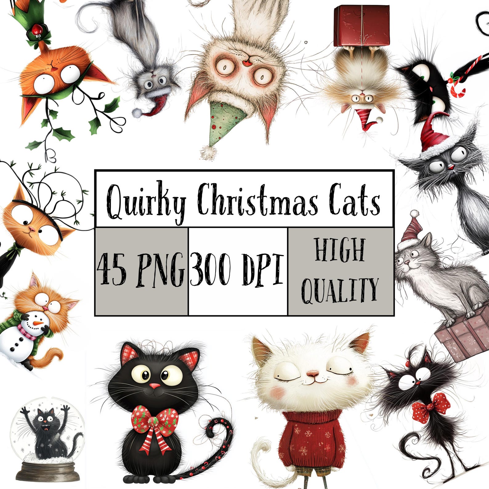 45 Quirky Christmas Cat Clipart Whimsical Funny Animals Silly Holiday ...