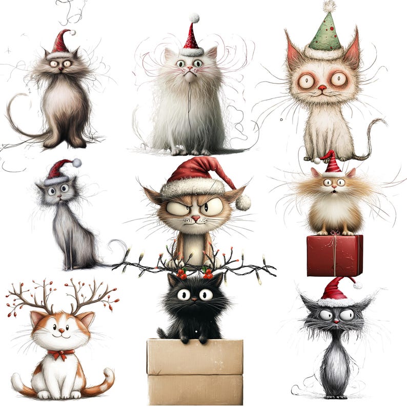 45 Quirky Christmas Cat Clipart Whimsical Funny Animals Silly Holiday ...