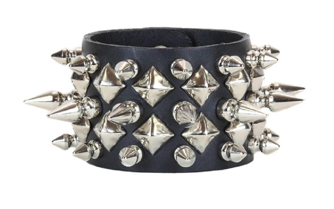 Black Leather Pyramid Studs & Spikes Wristband Bracelet Goth Punk Emo ...