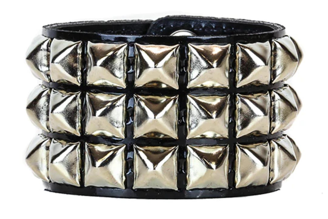 Black Patent Leather W/ 3 Row Pyramid Stud Wristband Bracelet Goth Punk ...