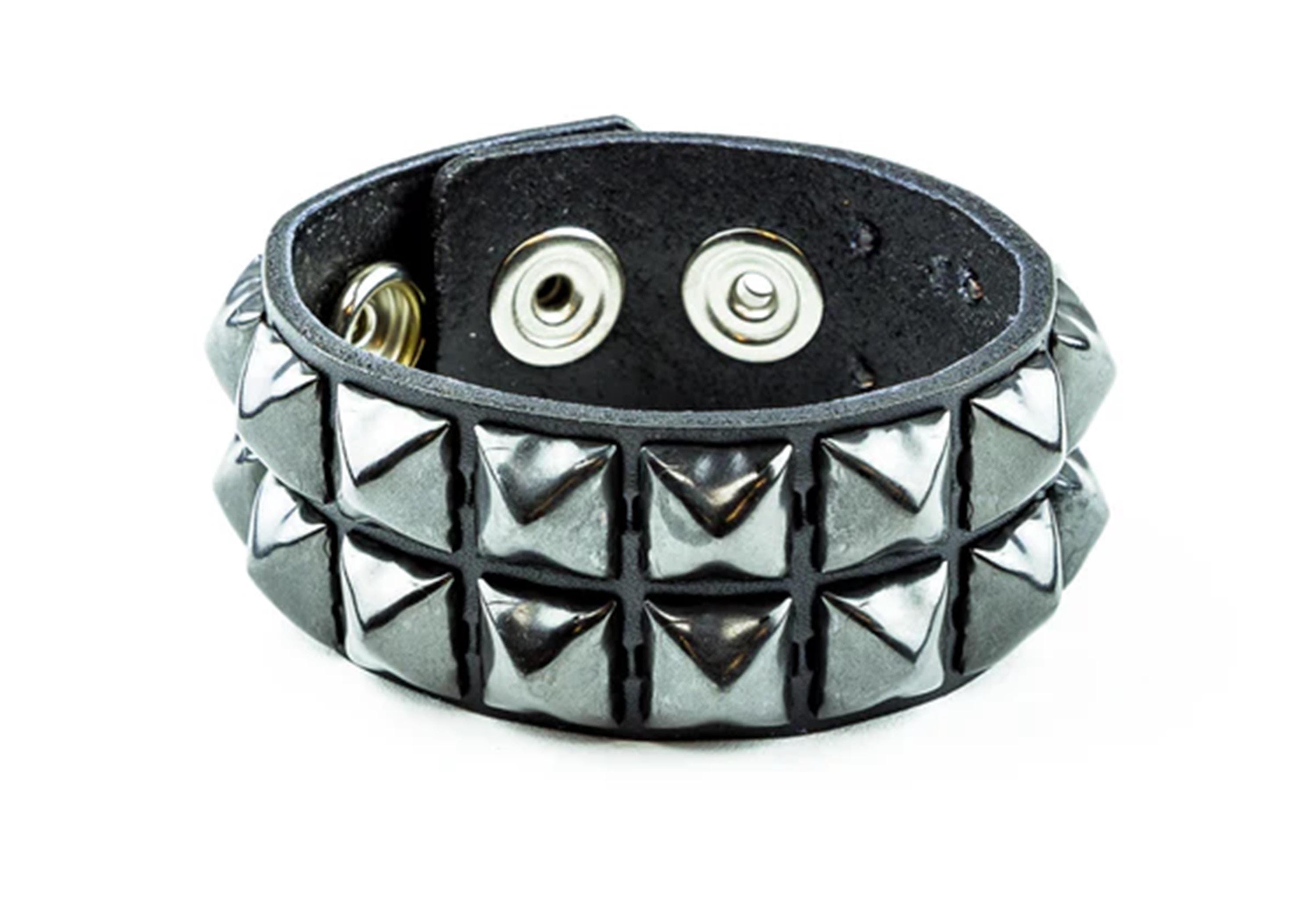 Black Leather 2 Row Pyramid Stud Wristband Bracelet Goth Punk Emo ...