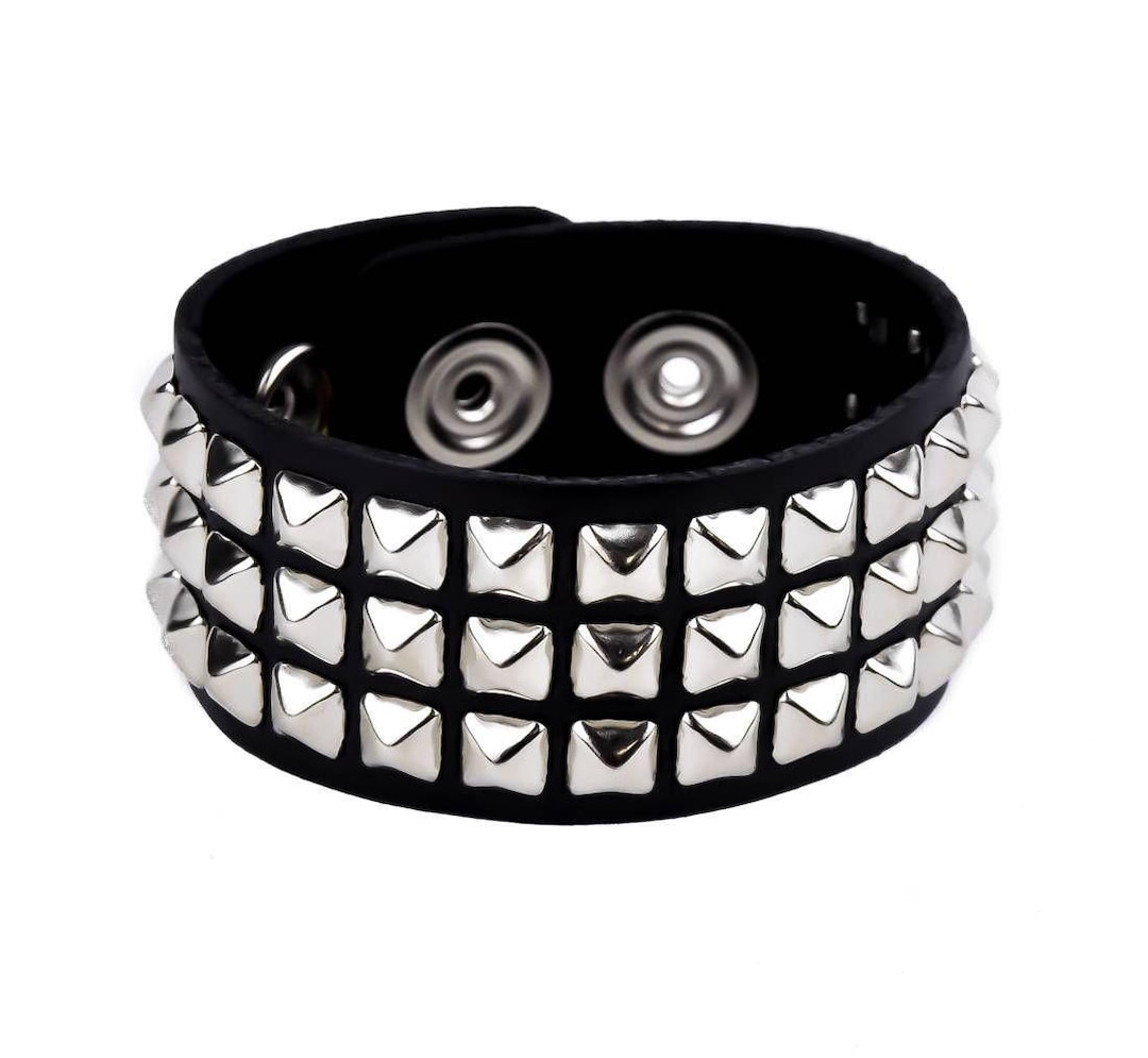 3 Row Silver Pyramid Stud Black Leather Wristband Bracelet Goth Punk ...