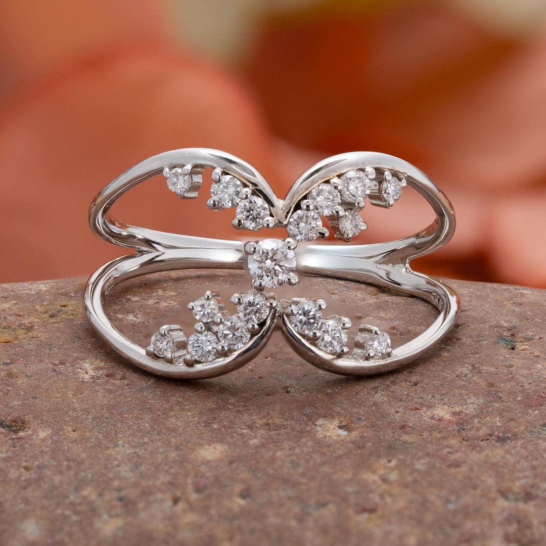 Butterfly Shaped Diamond Ring, Dainty Double Loop Ring, 925 Sterling Silver Art Deco Bridal Ring ...