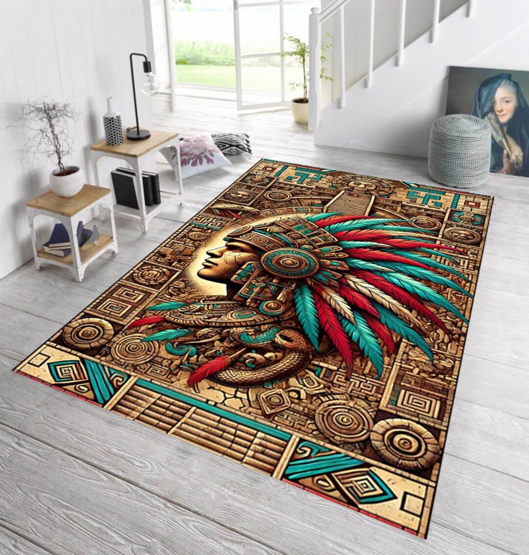 Aztec Warrior Chief Rug: Tribal Boho Pattern, Colorful Tapestry - Etsy