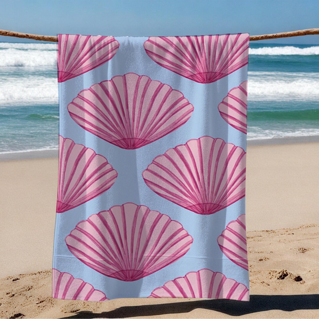 Seashell Beach Towel, Pink Watercolor Sea Shells, Cotton Blend - Etsy