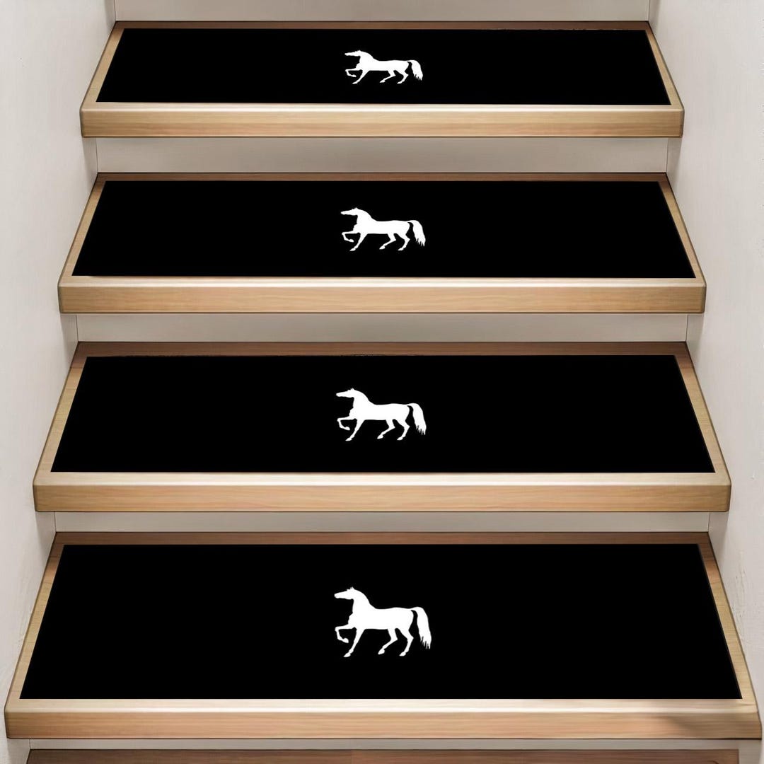Black Stair Rug, Horse Pattern, White Horse Logo, Personalization Rug ...