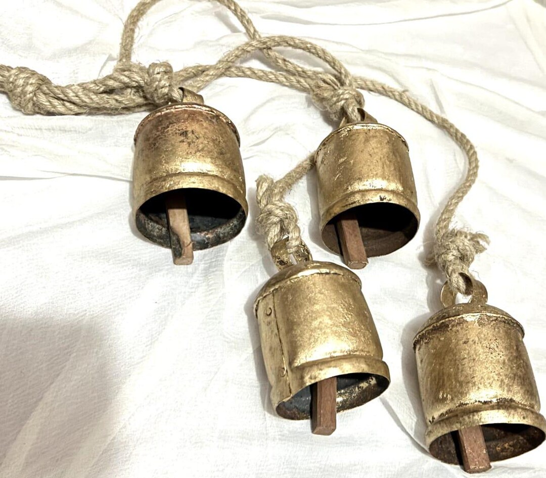 Christmas Cow Bells: Rustic Brass Hanging Bell Set on Rope - Etsy
