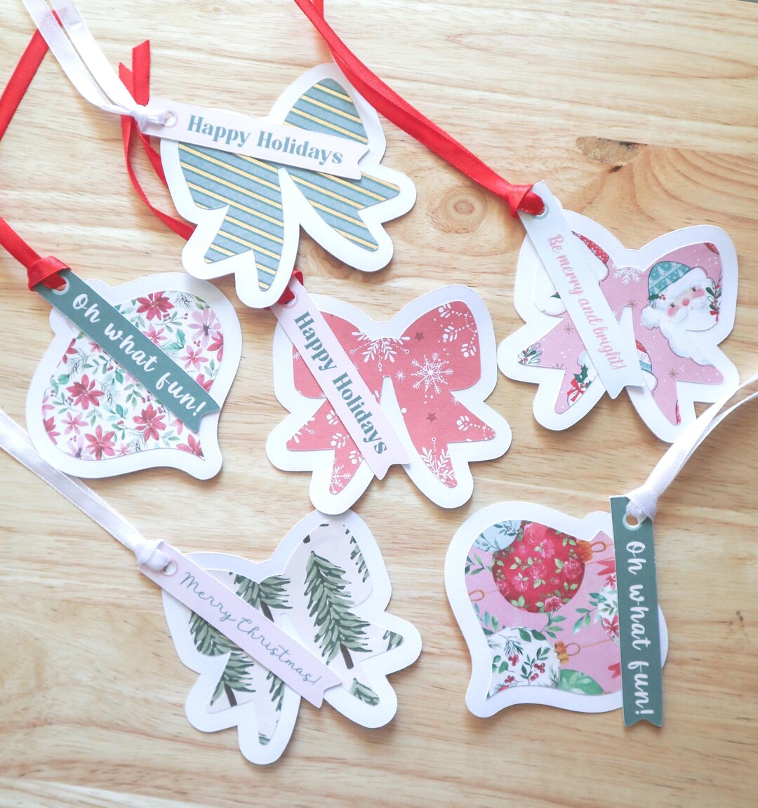 Christmas Ornament Gift Tags, Pink Christmas Tags, Bow Holiday Tags ...