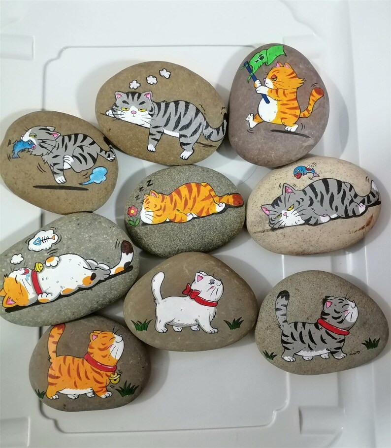 Hand-painted Cat Stone Art Unique Decorative Rock Perfect Gift for Cat ...