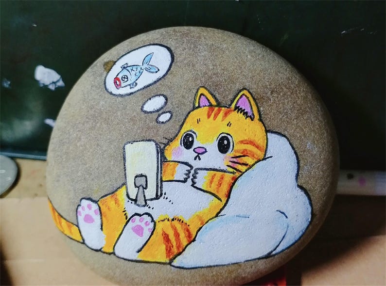 Hand-painted Cat Stone Art Unique Decorative Rock Perfect Gift for Cat ...