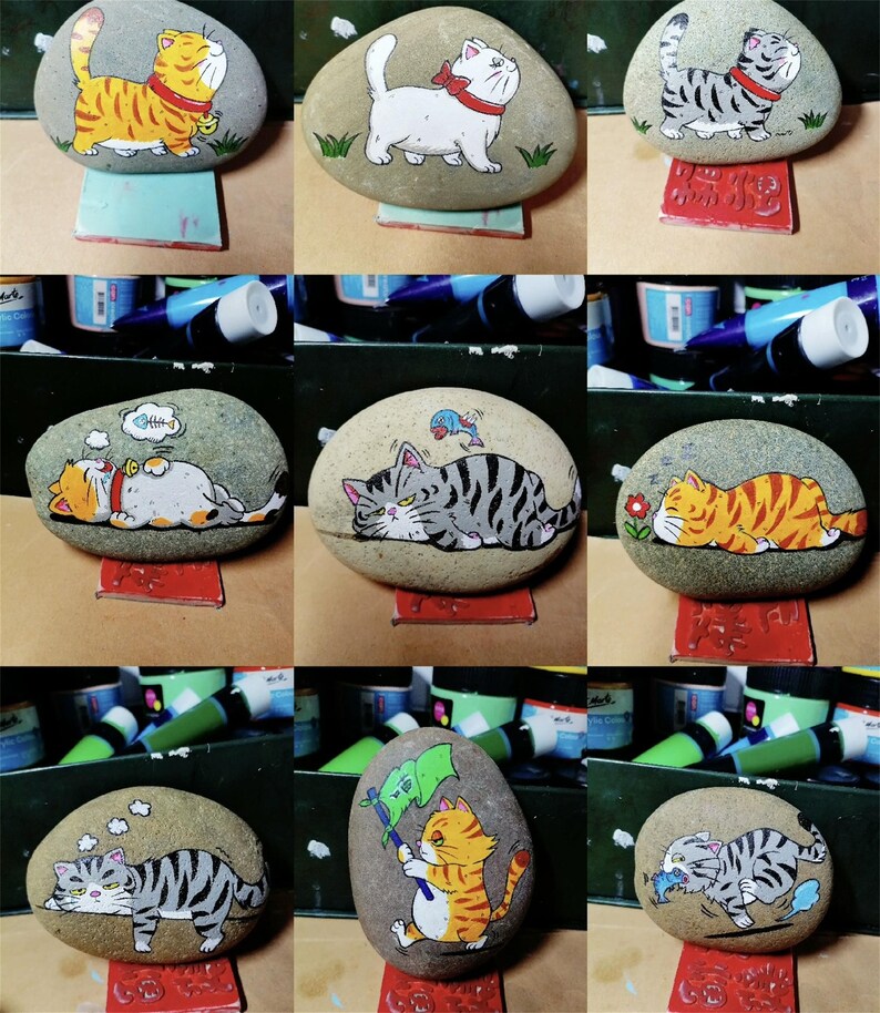Hand-painted Cat Stone Art Unique Decorative Rock Perfect Gift for Cat ...