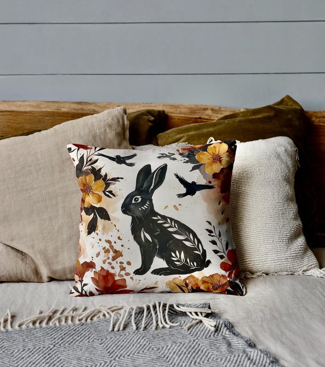 Rabbit Pillow, Vintage Rabbit Accent Pillow, Rustic Decorative Pillow ...