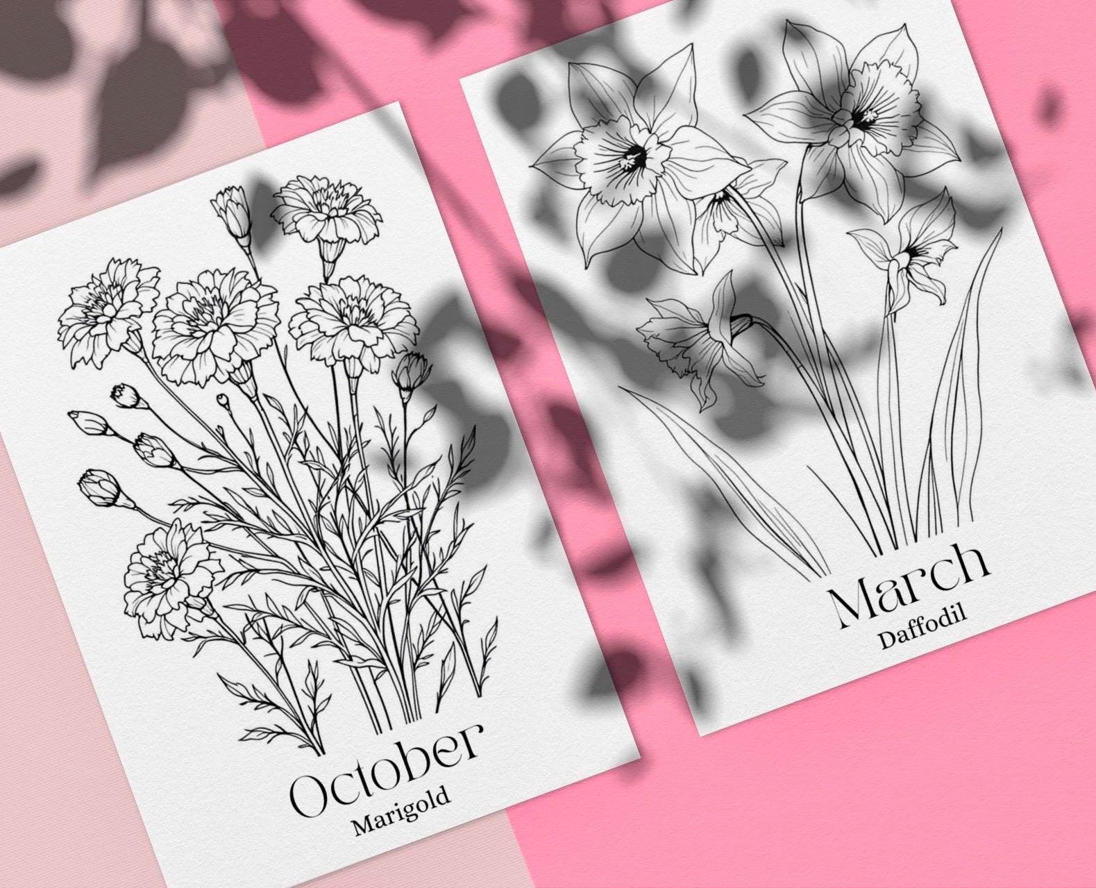 Birth Month Flower Coloring Pages: Watercolor Floral Art (PDF) - Etsy