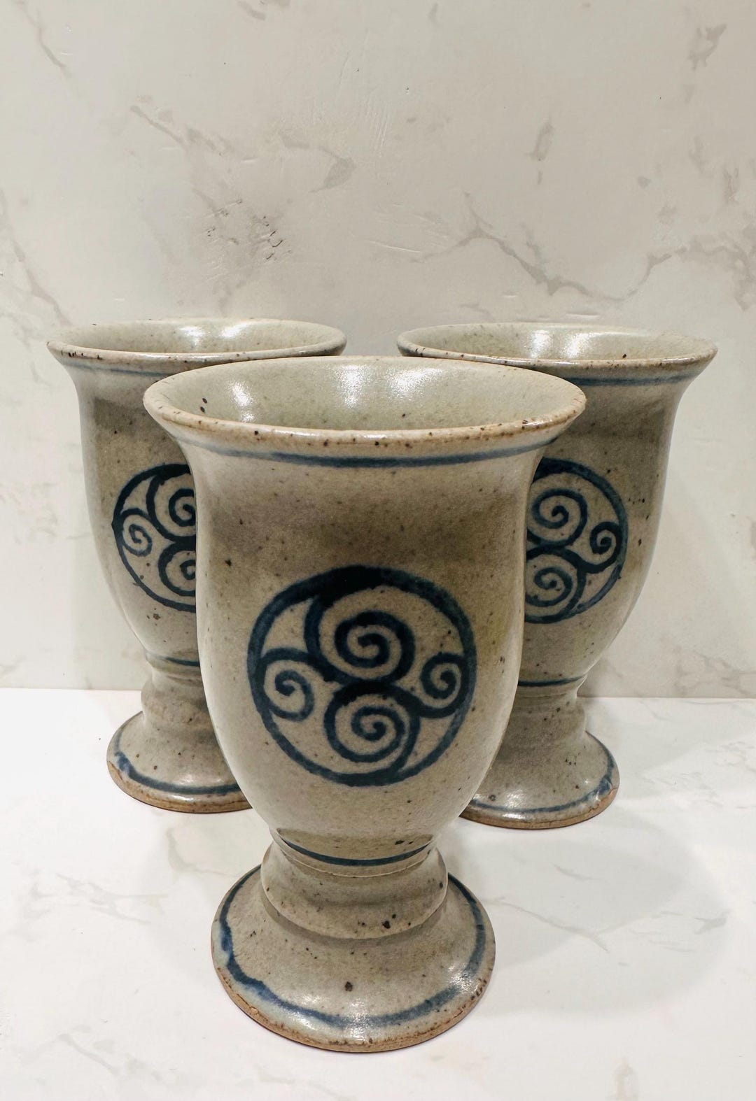 Studio Pottery Wine Goblets: Grey Ceramic With Blue Design, Artist ...