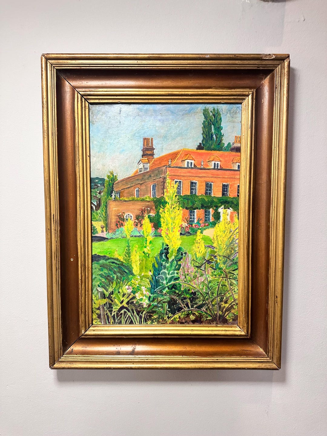 Vintage Impressionist Oil Painting: Stately Home, Solid Wood Frame ...