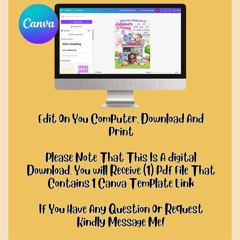 Gabbys Dollhouse Birthday Invitation Editable Gabby's Kids Birthday ...