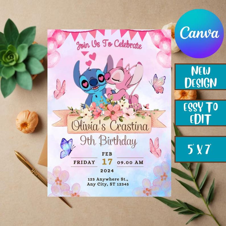Stitch and Angel Birthday Invitation: Editable & Printable Template ...