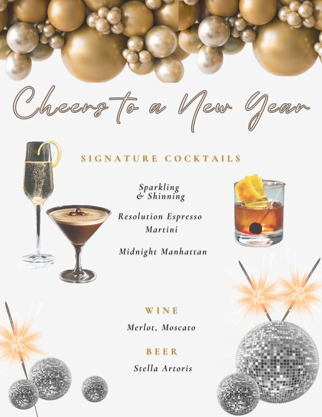 Cheers to a New Year Bar Menu Sign Template, Customizable, Signature ...