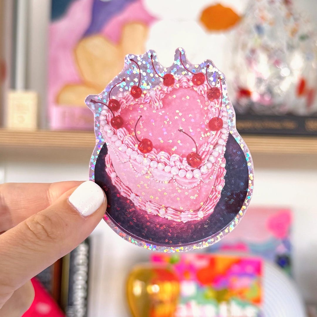 Pink Glittery Birthday Cake Vinyl Sticker. CUTE Sparkly Valentine's Day ...