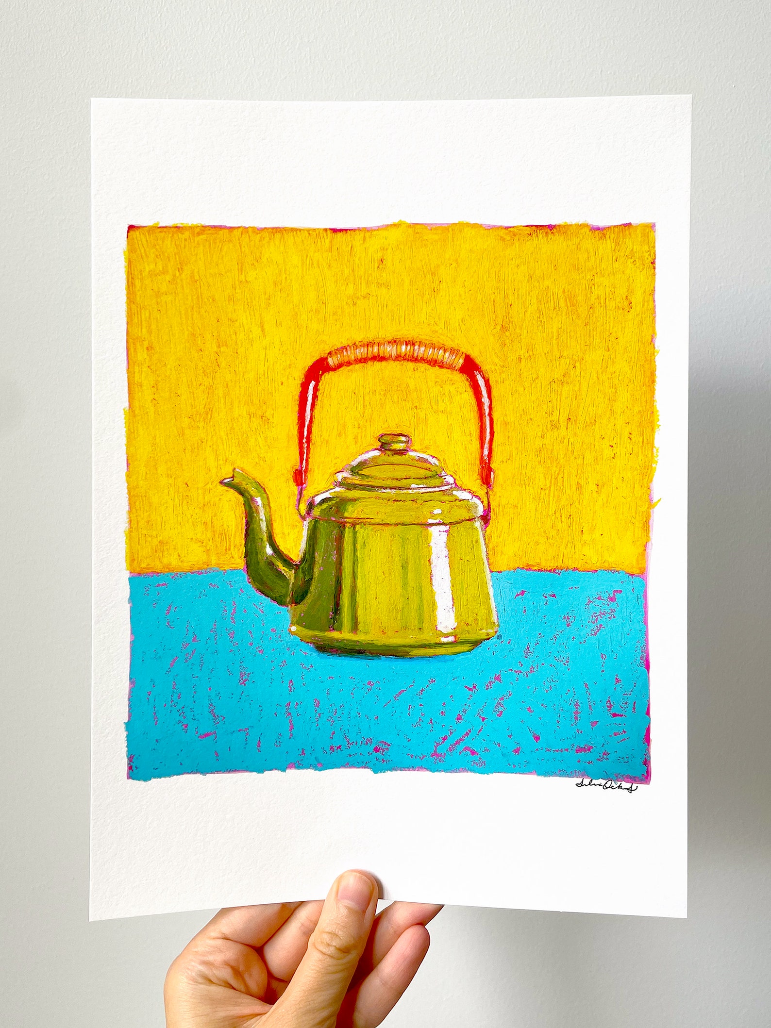 Green Teapot Still Life Art Print | Oil Pastel Drawing | Modern Bright ...