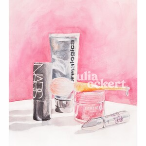 Makeup Vanity Still Life Art Print Pink Feminine Watercolor - Etsy