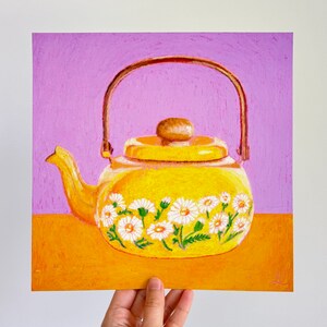 Daisy Delight Teapot Oil Pastel Art Print | Tea Lover Art for Kitchen ...