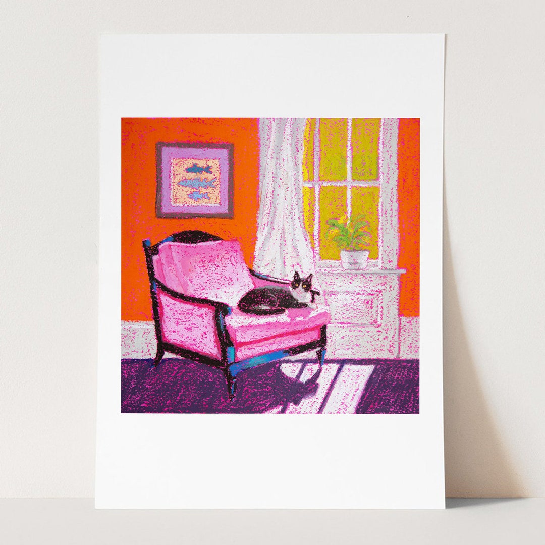 Peace in Pastels Cat Art Print Oil Pastel Drawing Modern Home Decor Cat ...