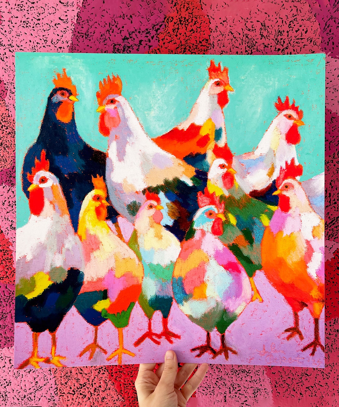 Chickens Oil Pastel Art Print Original Drawing Happy Wall - Etsy