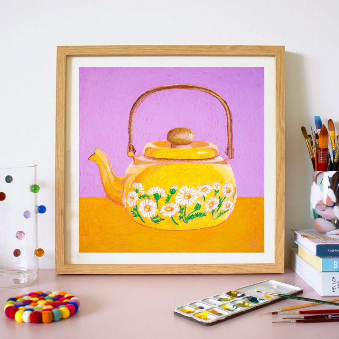 Daisy Delight Teapot Oil Pastel Art Print | Tea Lover Art for Kitchen ...