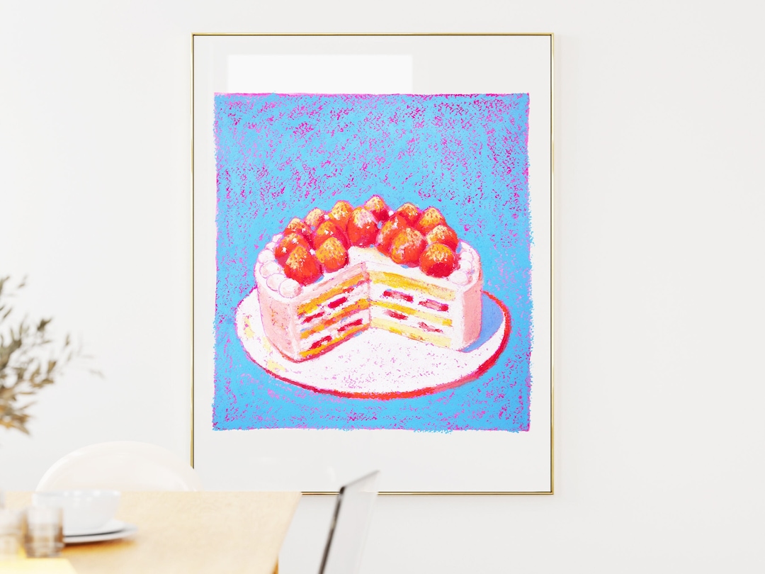 Strawberry Cake Art Print | Original Oil Pastel Drawing | Sweet, Pretty ...