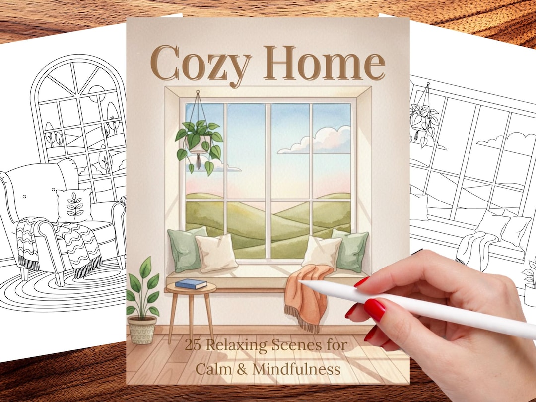 Cozy Home Coloring Pages for Adults – Relaxing Reading Nook & Window ...