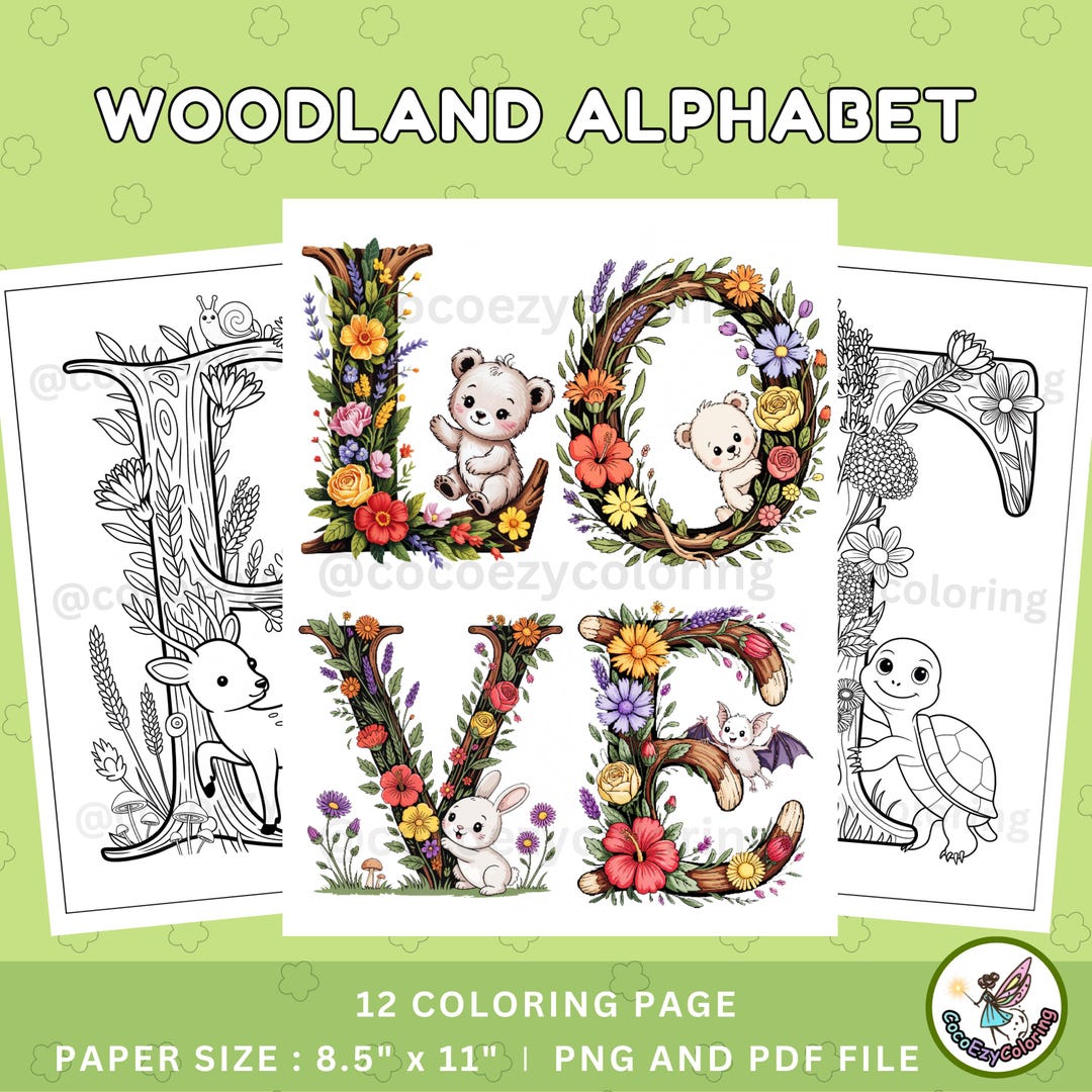 Woodland Animal Alphabet Coloring Pages: A-Z Learning (digital Download ...
